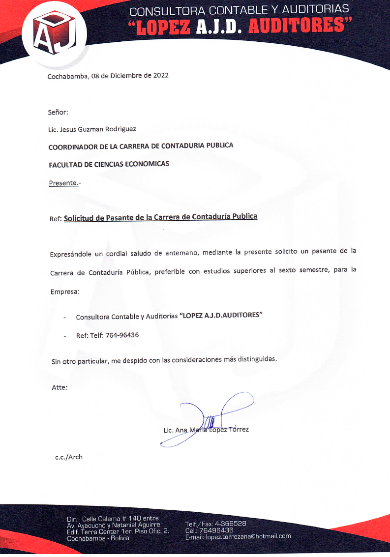 CARTA DE SOLICITUD DE PASANTE U.M.S.S. - CARRERA CONTADURIA PÚBLICA